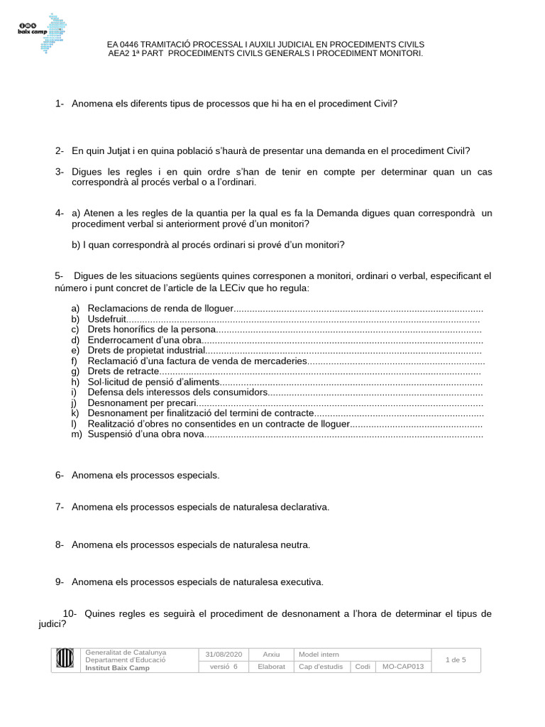 AEA2 1 Part Exercicis Procediments Civil Grals I Procediment Monitori. | PDF