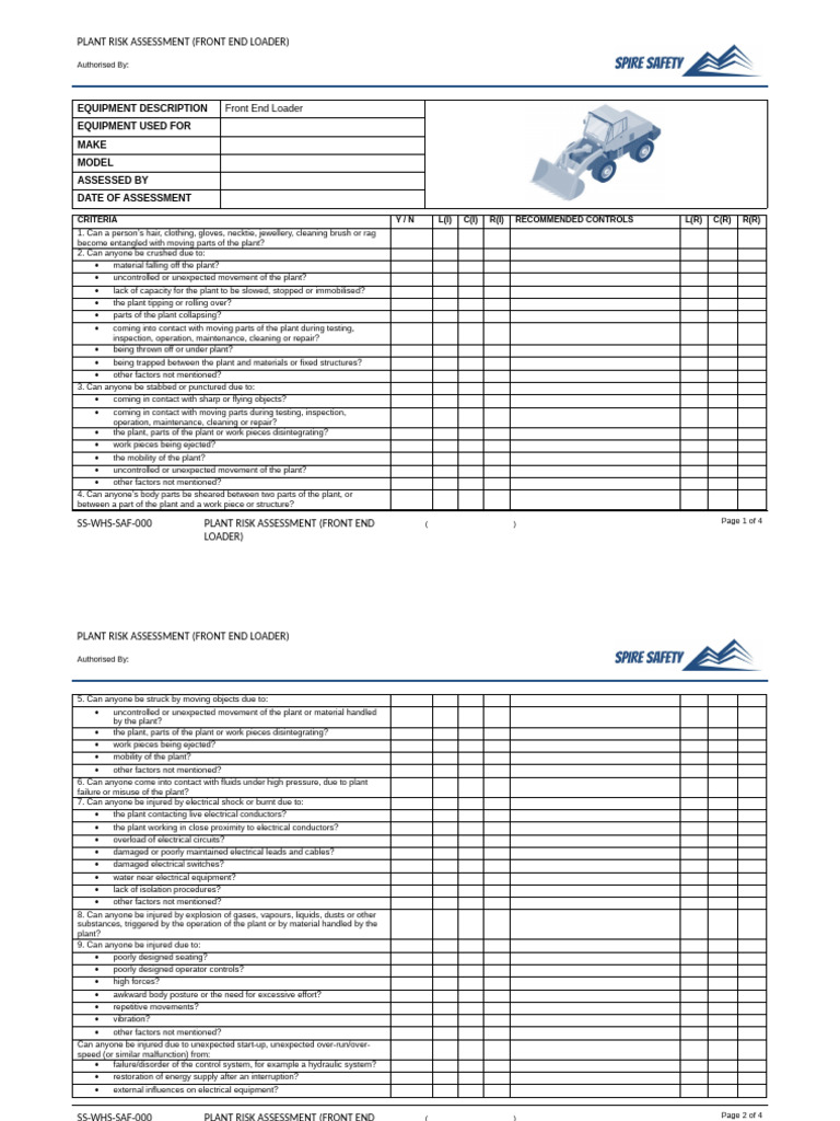 SS WHS SA6F 000 Plant Risk Assessment Front End Loader 1 | PDF | Risk ...