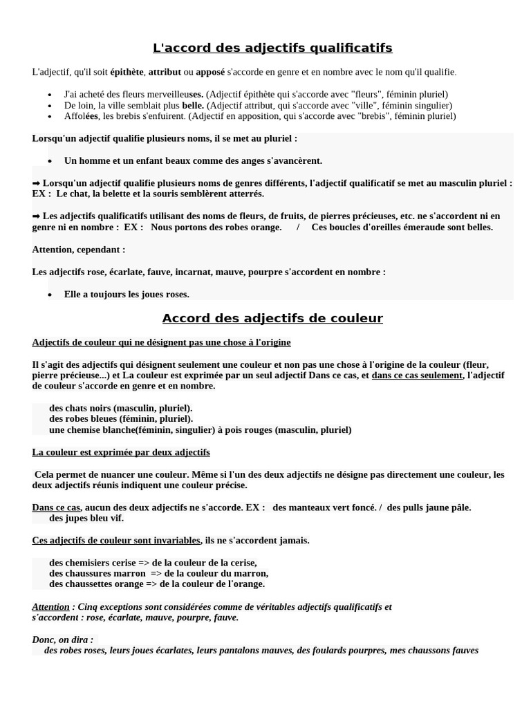 Accord des adjectifs qualificatifs | PDF | Genre grammatical | Adjectif