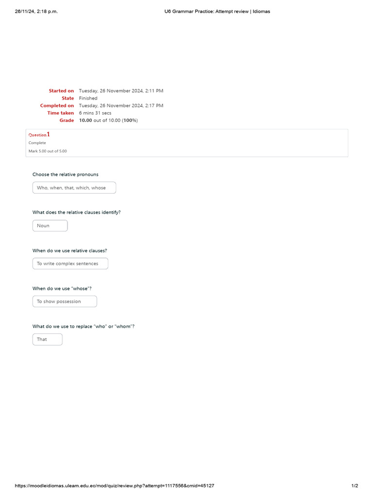 U6 Grammar Practice_ Attempt review _ Idiomas | PDF