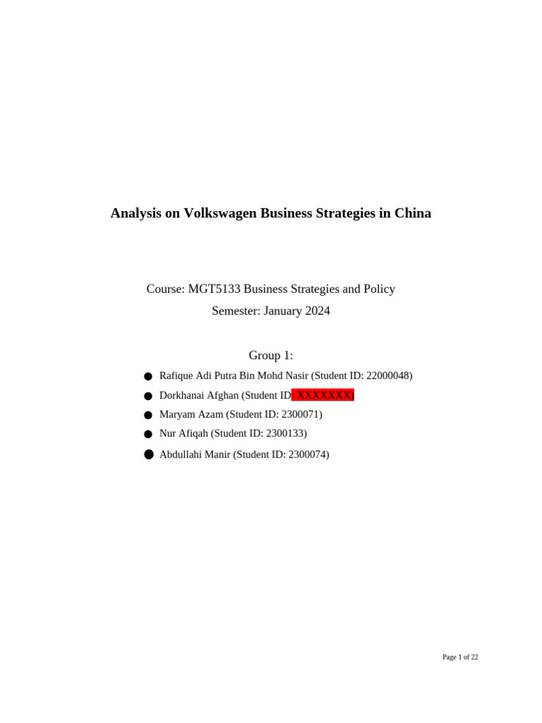 Assignment 1 Group 1 Volkswagen EV Strategy in China | PDF | Electric Vehicle | Volkswagen