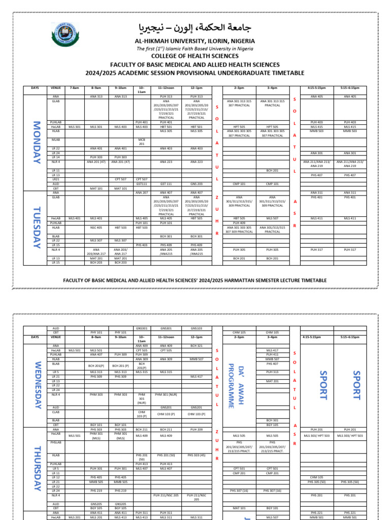 24.25 HARMATTAN CoHS LECTURER TIME TABLE | PDF | Observation | Science