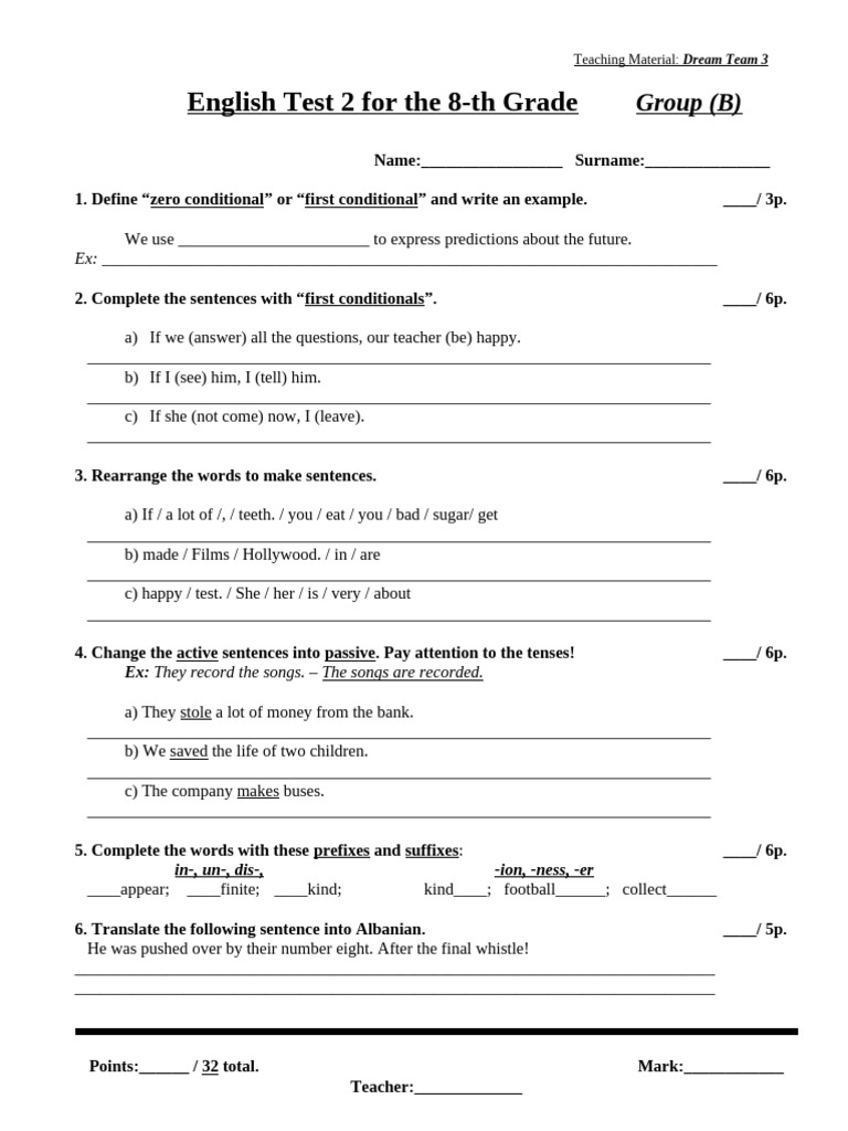 8th Grade English Test: Conditionals & Grammar | PDF | Language ...
