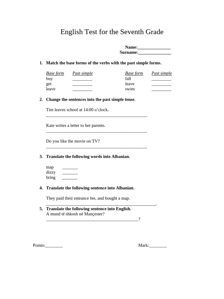 Seventh Grade English Test Template | PDF