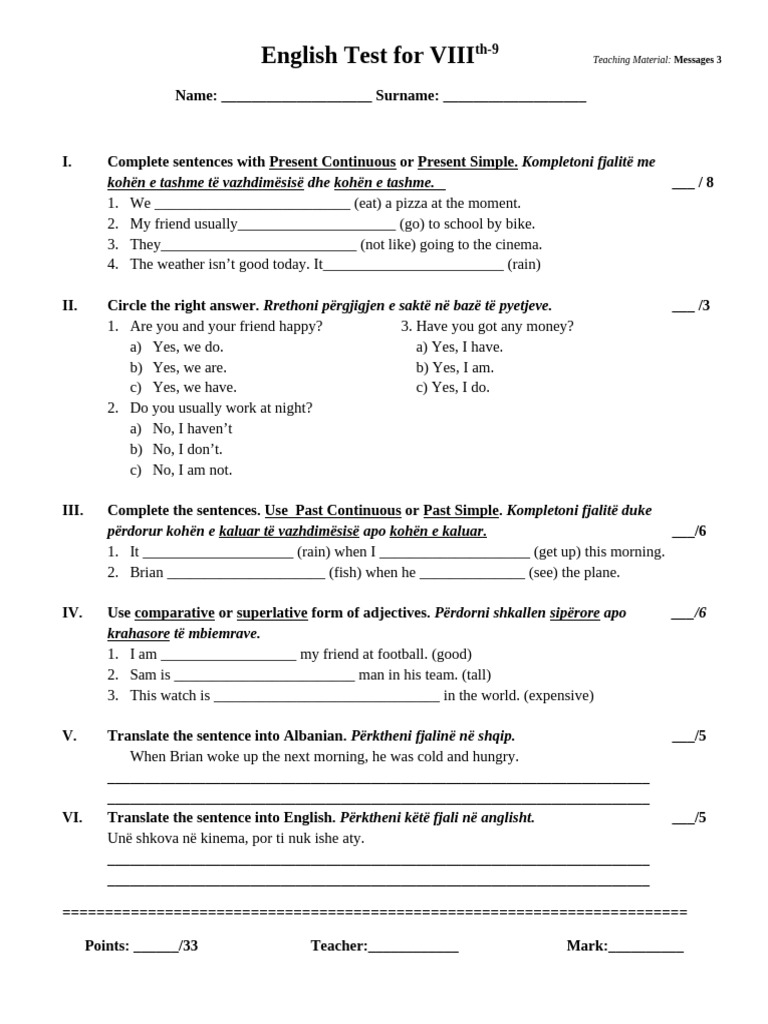English Test for VIII Grade Students | PDF | Linguistics | Languages