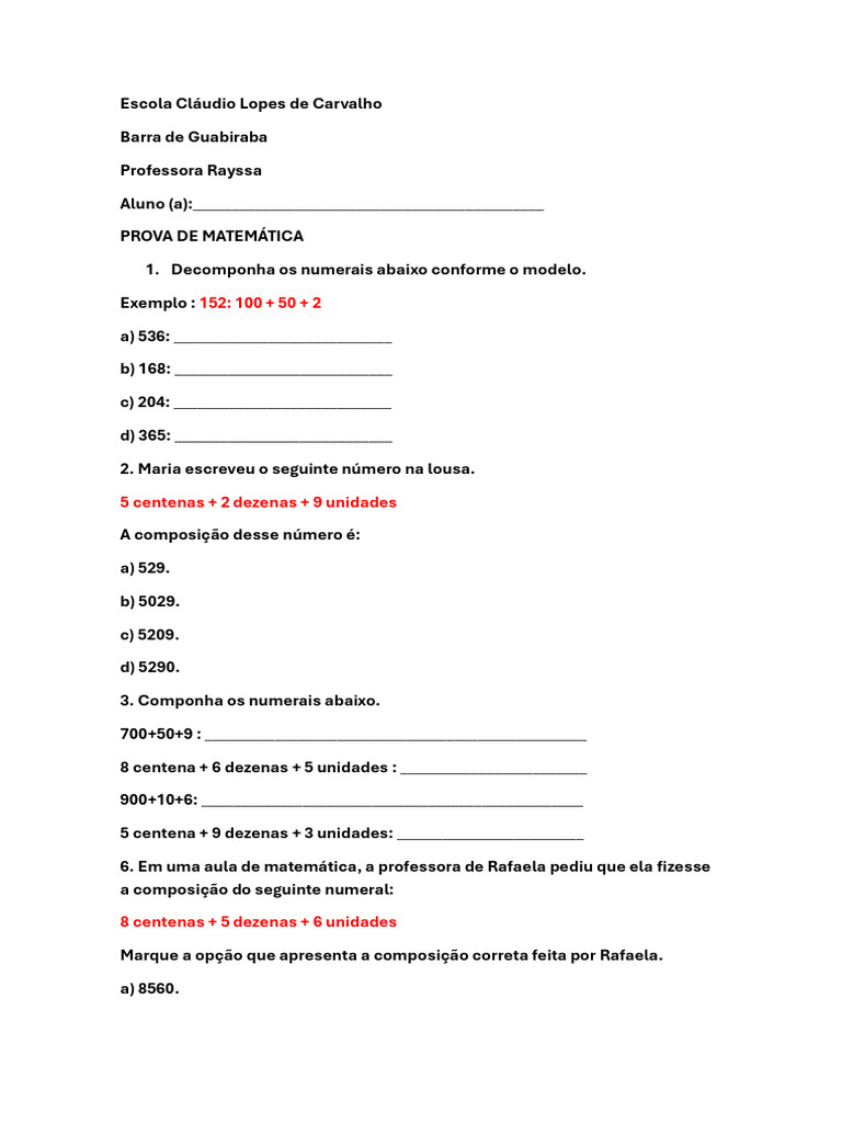 Prova de Matemática para Alunos | PDF
