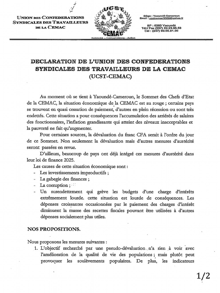 Declaration de L'ucst Cemac - Sommet Cemac 16 Dec 2024 | PDF