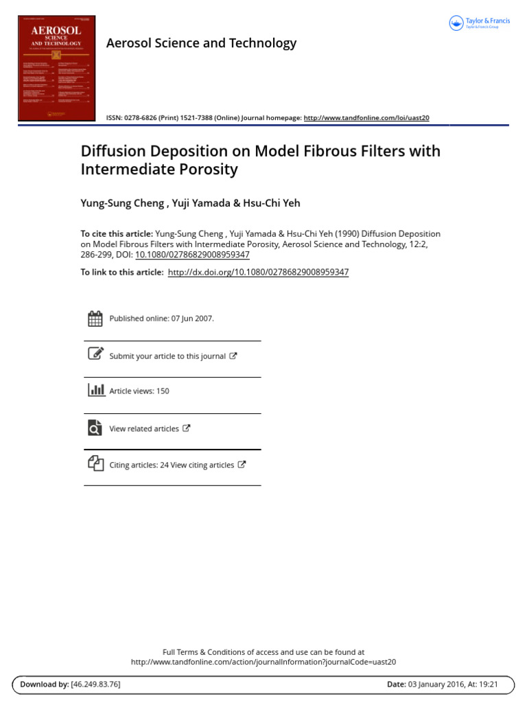 Diffusion Deposition on Model Fibrous Filters With Intermediate Porosity | PDF | Aerosol | Diffusion