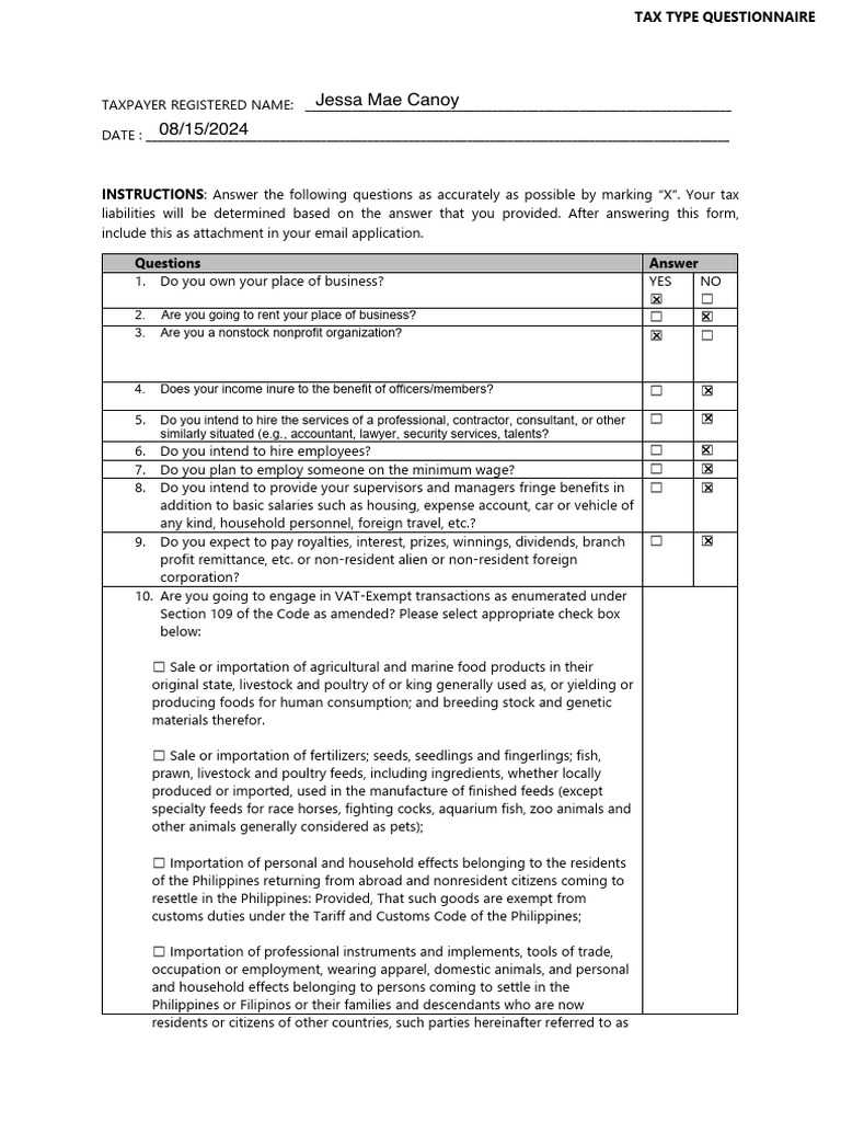 Tax Questionnaire | PDF | Taxes | Employment