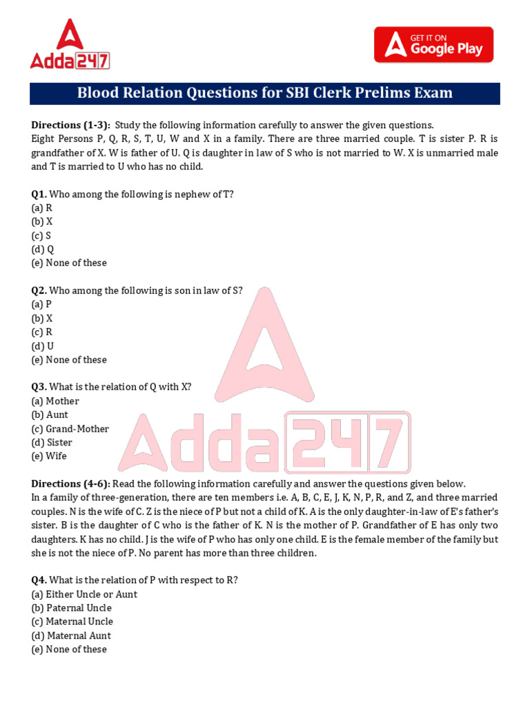 Blood Relation Questions for SBI Clerk Exam | PDF | Family ...