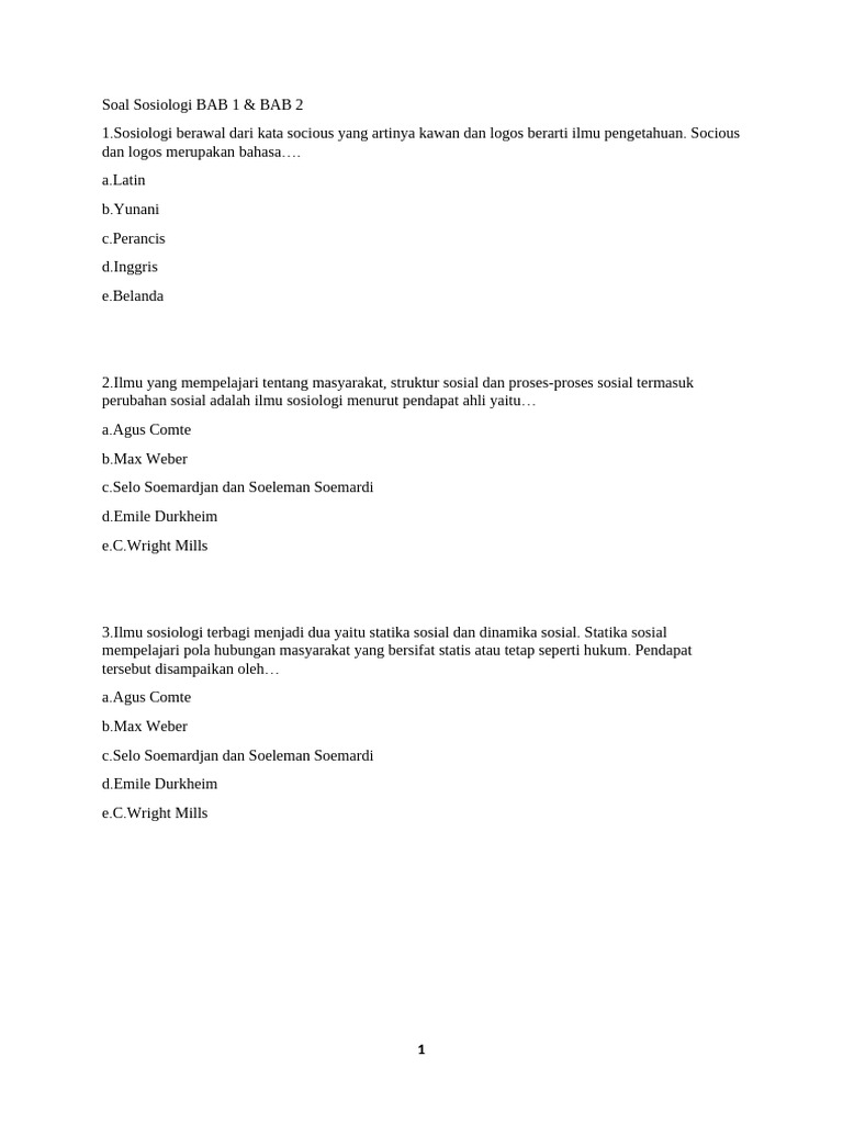 Soal Sosiologi BAB 1 & BAB 2 | PDF