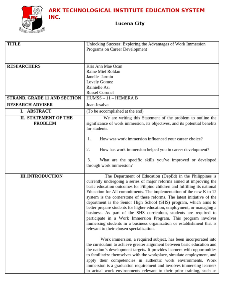 Research About Work Immersion | PDF | Learning | Knowledge