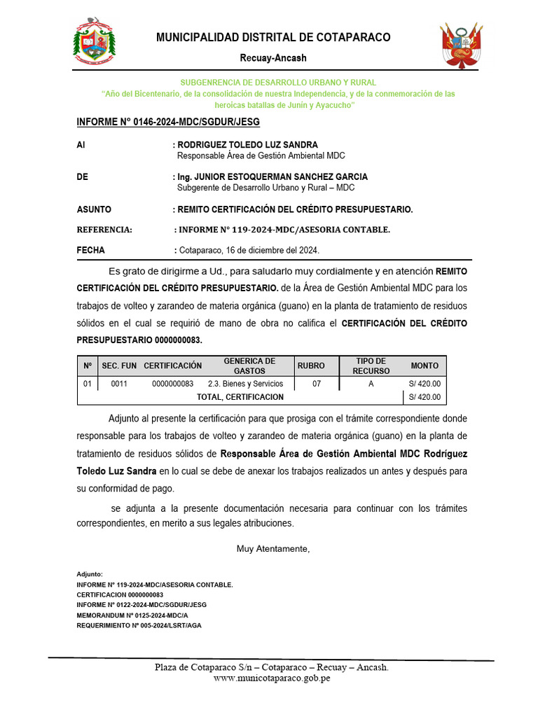 Informe #146 Sgdur Notoficacion de Certificacion Presupuestal | PDF