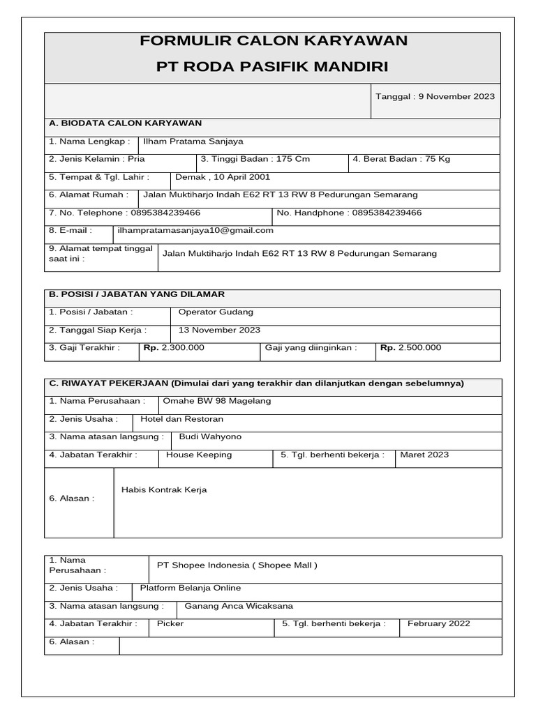 Form Calon Karyawan Pt. Roda Pasifik Mandiri - 1 | PDF