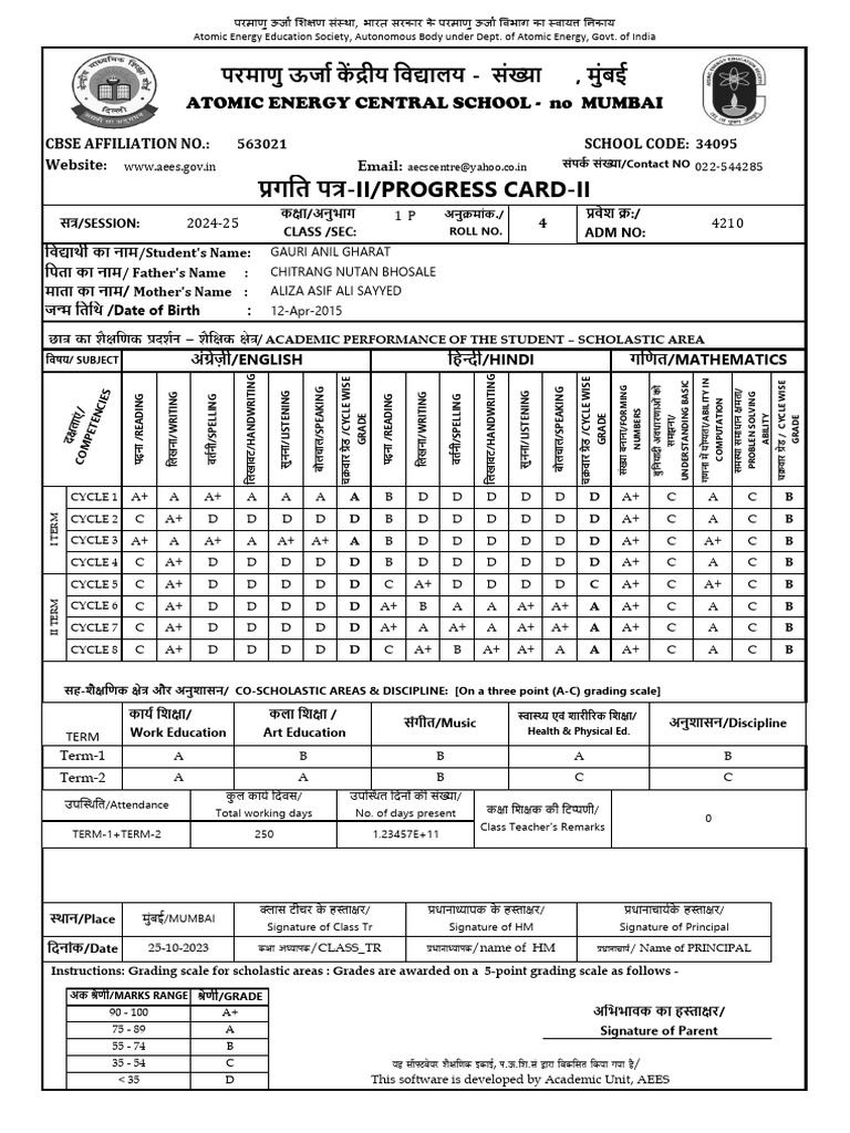 Ii/Progress Card-Ii: Atomic Energy Central School - No Mumbai | PDF
