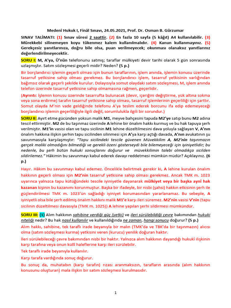 Medenî Hukuk I - Final Sınavı, 2020-2021 Bahar - Cevap Anahtarı | PDF