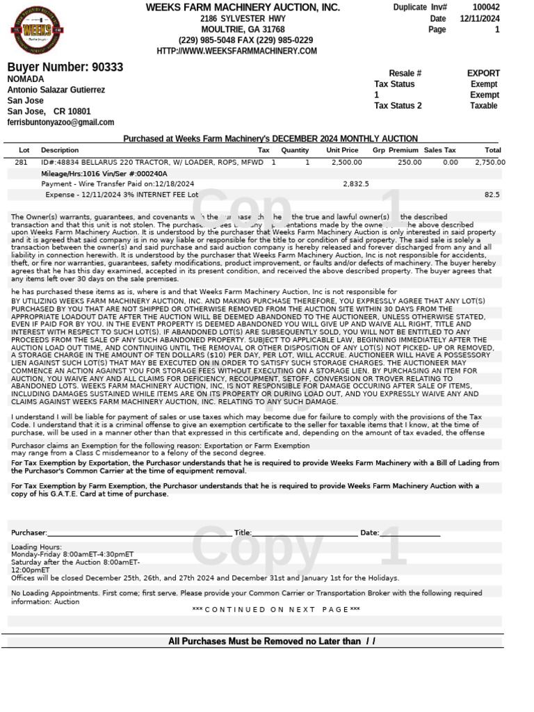 December 2024 Farm Auction Invoice | PDF | Auction | Taxes