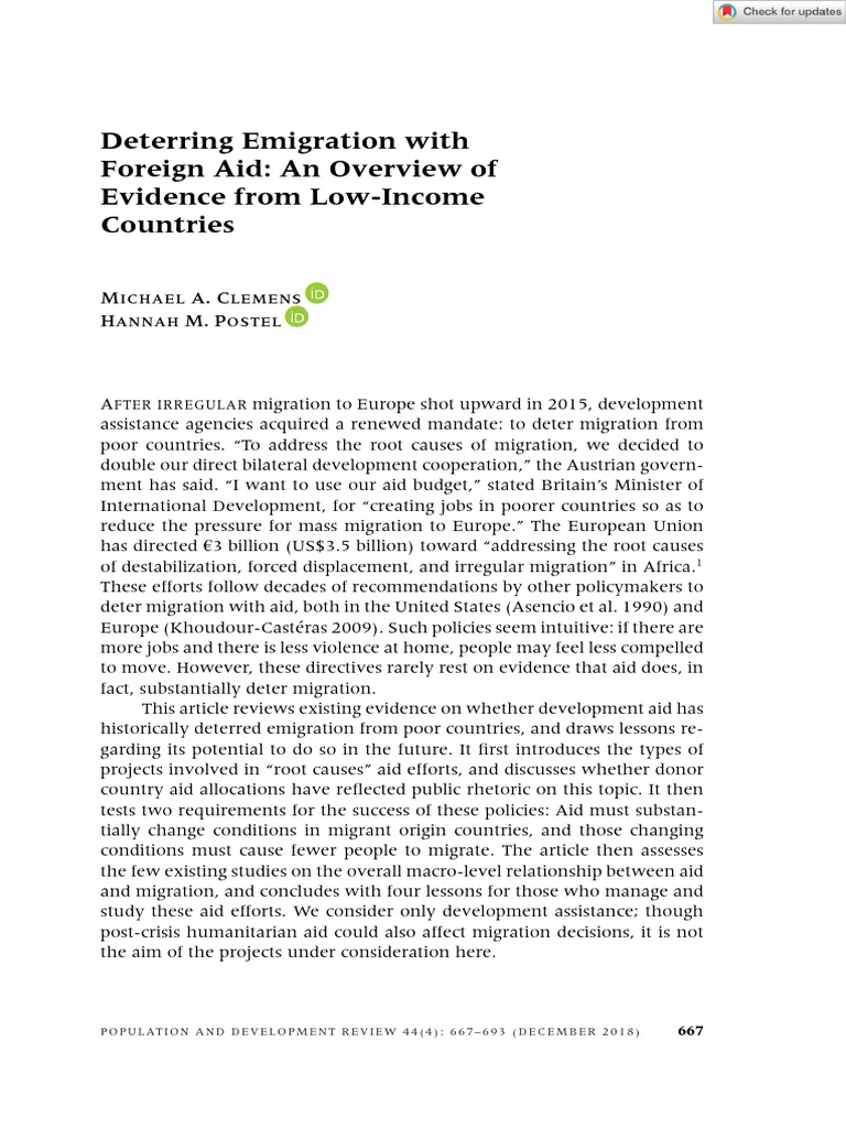 Population Development Rev - 2018 - Clemens - Deterring Emigration With Foreign Aid An Overview ...