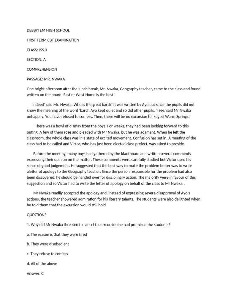 JSS 3 First Term English CBT Exam | PDF