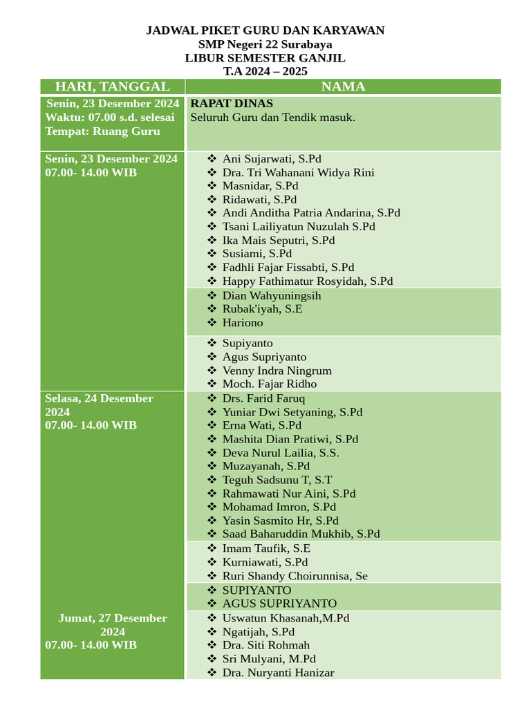 Jadwal Piket Guru Dan Karyawan | PDF