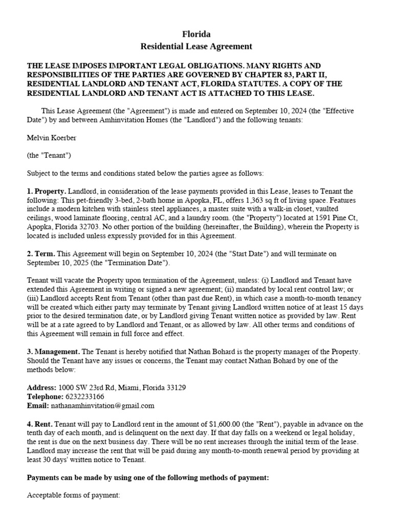 Florida Residential Lease Agreement | PDF | Leasehold Estate | Lease