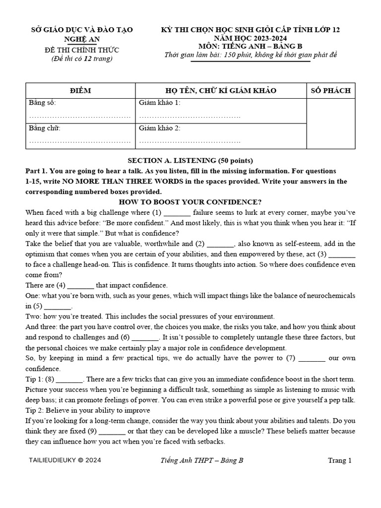 De-thi-HSG-Tieng-Anh-12-tinh-Nghe-An-bang-B-nam-hoc-2023-2024-co-dap-an | PDF | Volunteering ...