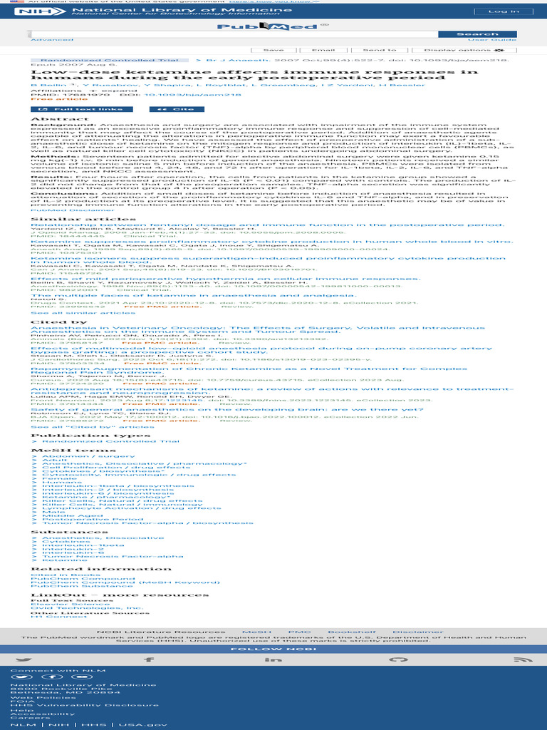 Low-dose ketamine affects immune responses in humans during the early postoperative period ...