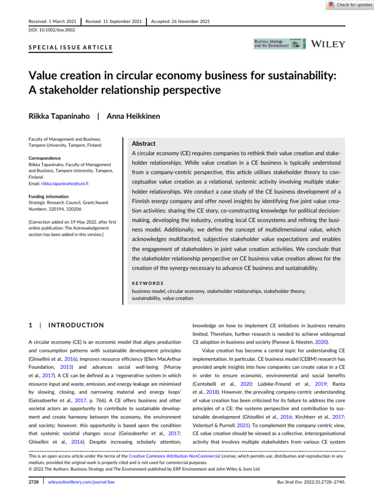 Bus Strat Env - 2022 - Tapaninaho - Value Creation in Circular Economy ...