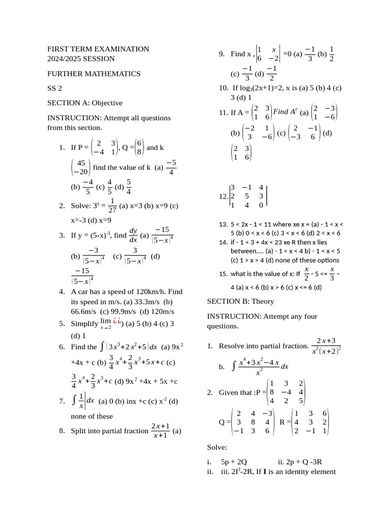 SS2 Further Mathematics Exam 2024/25 | PDF | Mathematics