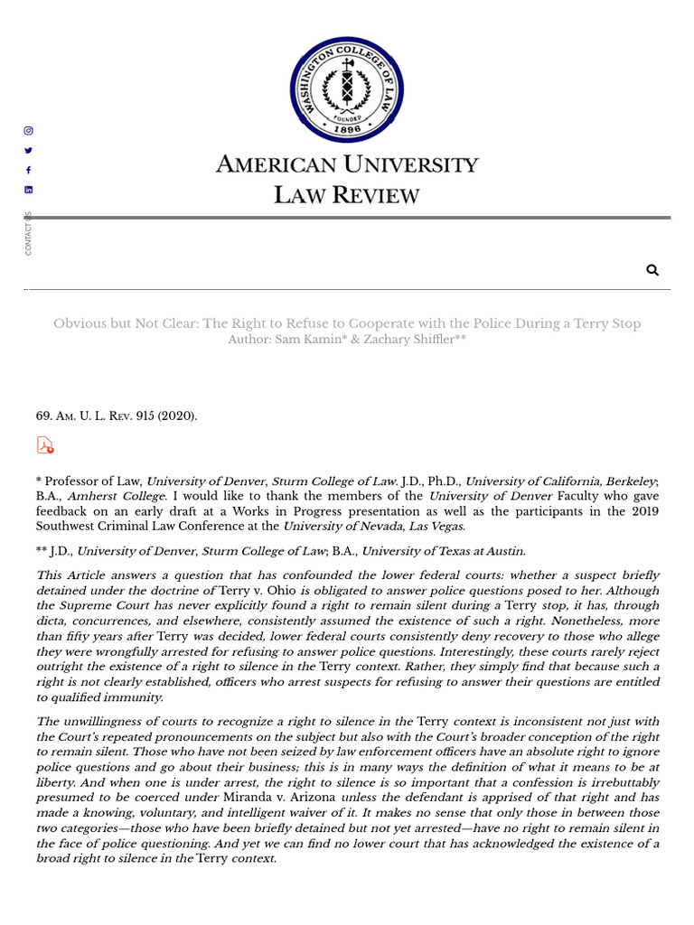 Right to Silence in Terry Stops | PDF | Fifth Amendment To The United ...