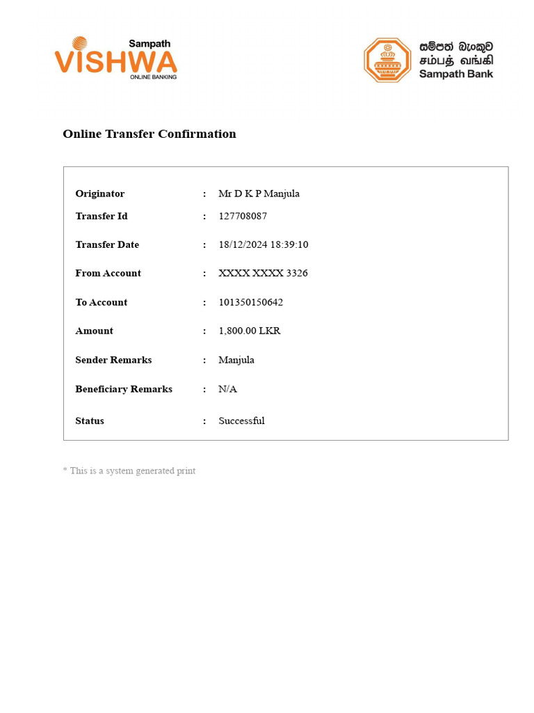Successful Online Transfer Confirmation | PDF
