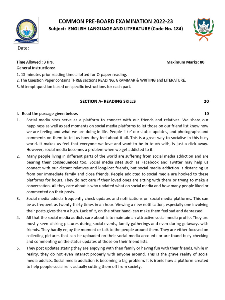 QP X English Common Pre Board 2022 23 | PDF | Legal Tender | Money