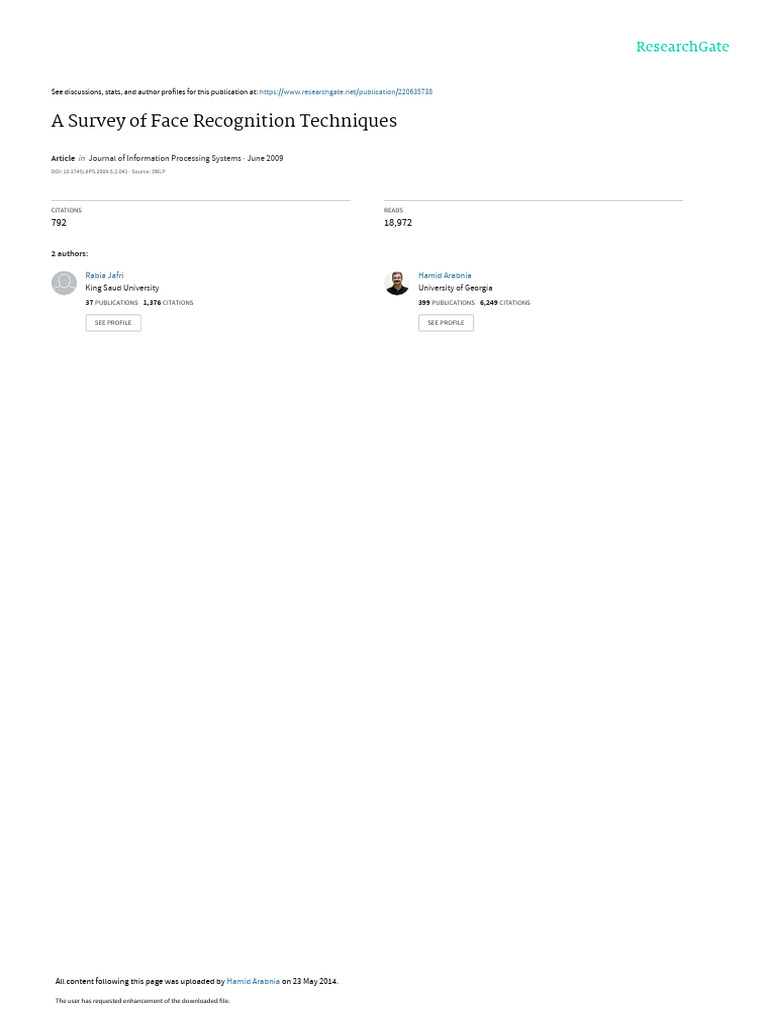 A Survey of Face Recognition Techniques | PDF | Principal Component ...
