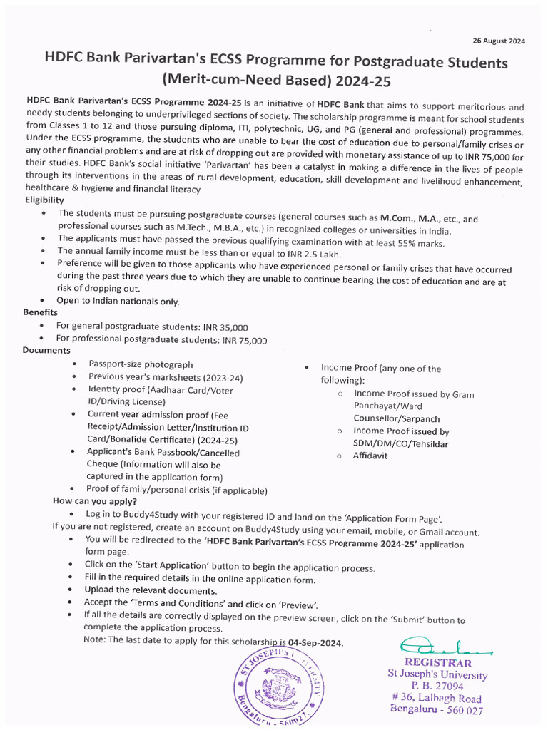 HDFC Bank Parivartan ECSS - PG Students | PDF