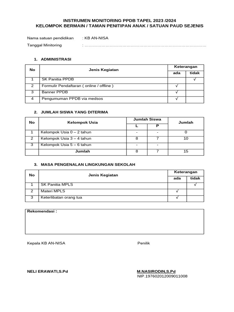 Instrumen Monitoring PPDB Tapel 2023 | PDF