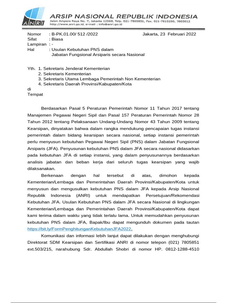 Surat ANRI TTG Penyusunan Kebutahan JFA | PDF