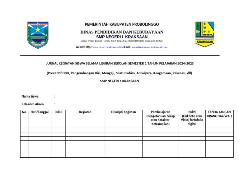 Jurnal Kegiatan Siswa Selama Liburan Sekolah Semester 1 Tahun Pelajaran ...