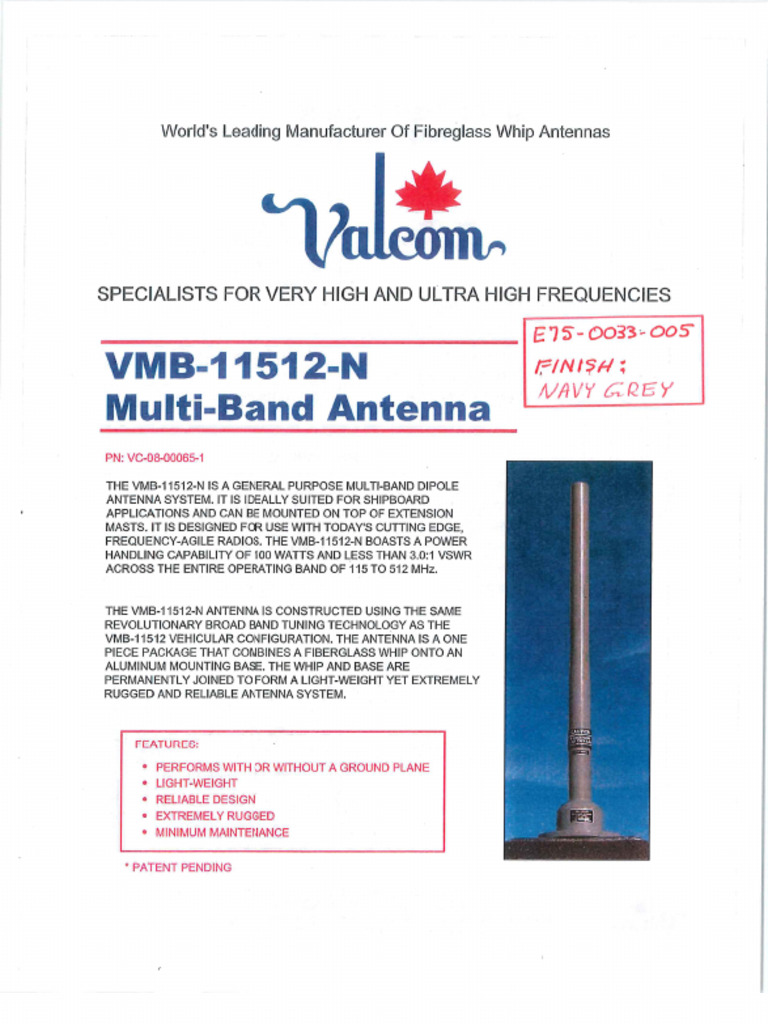 E75-0033-005 Navy Antenna 115-512 MHZ Valcom Ant Grey | PDF