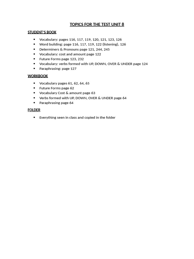 Unit 8 Test Topics Overview | PDF