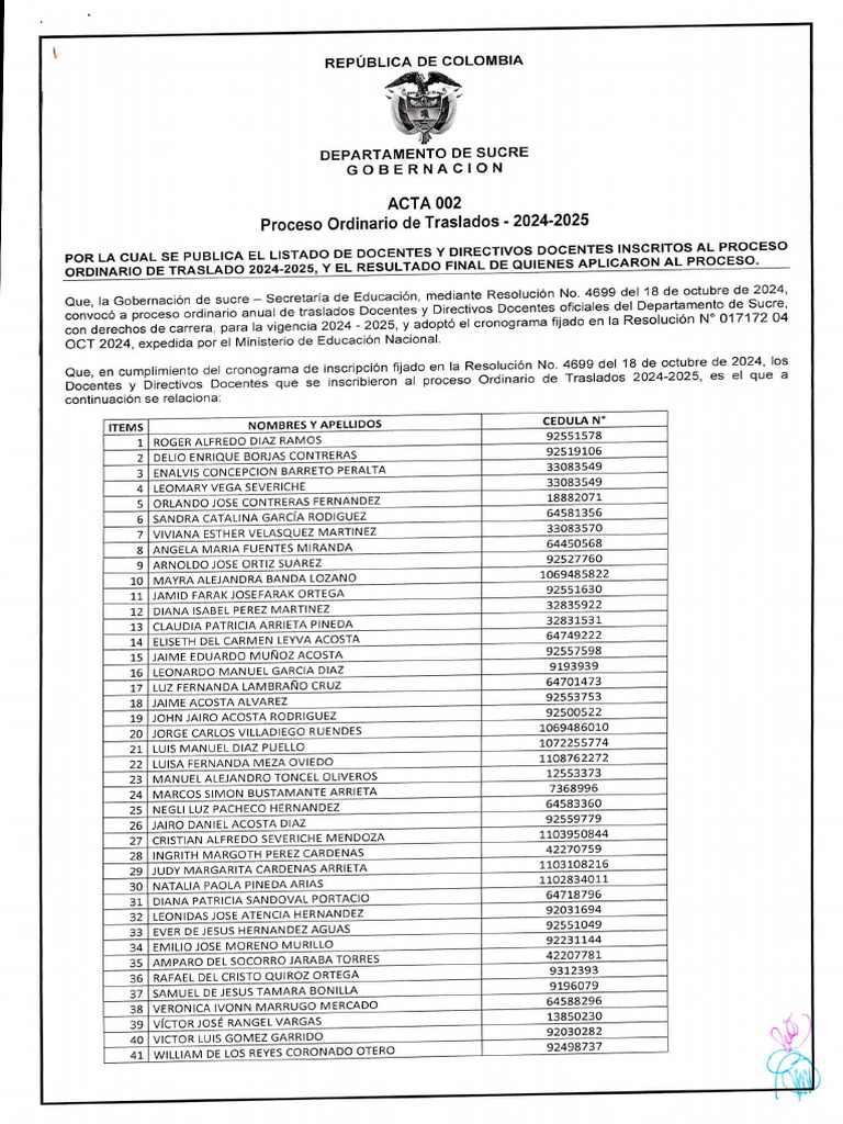 Acta 002 Publicacion Resultado Finales Proceso Ordinario Detraslados 20242025 | PDF