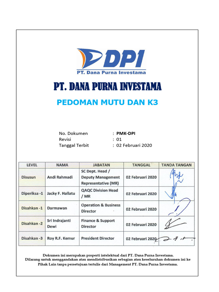 PMK-DPI Pedoman Mutu Dan K3 (TTD) | PDF