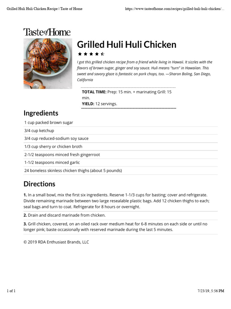 Grilled Huli Huli Chicken Recipe - Taste of Home | PDF