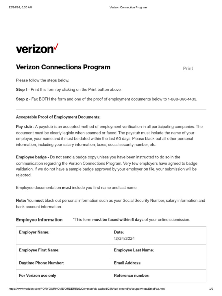 Verizon Employment Verification Fax Guide | PDF