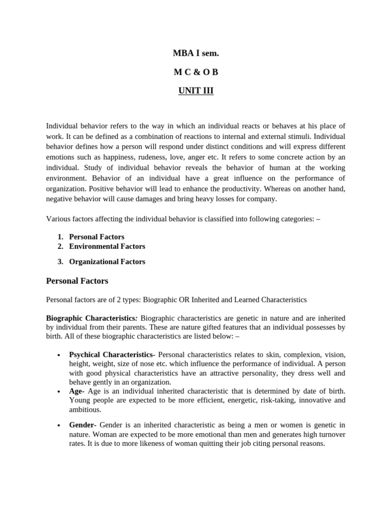 MBA I Sem. Mc&Ob Unit Iii: Personal Factors | PDF | Attitude (Psychology) | Behavior