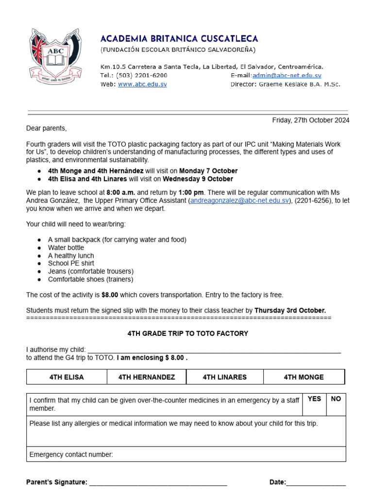 4th Grade - Field Trip To TOTO 10.7 and 10.9 | PDF