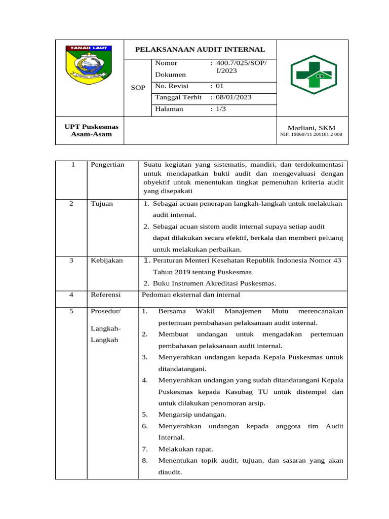 SOP Audit Internal Puskesmas 2023 | PDF