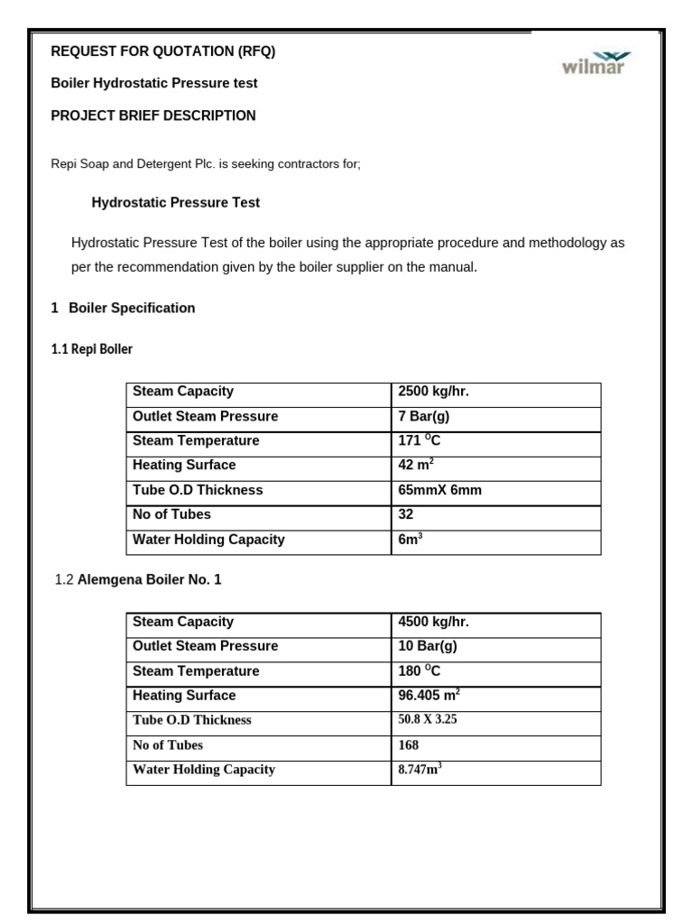 RFQ -Boiler Hydrostatic Test. | PDF | Boiler | Specification (Technical ...