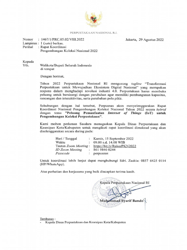 Surat Undangan Rakor PKN 2022 - Walikota Bupati | PDF