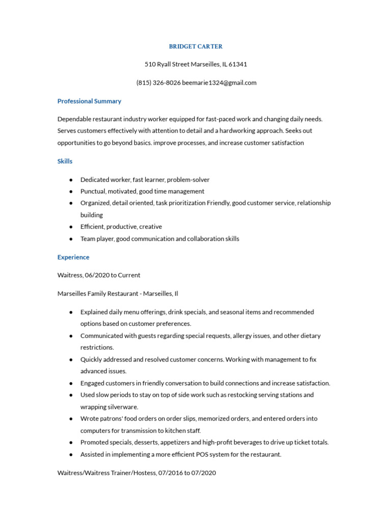 Resume | PDF | Waiting Staff | Restaurants