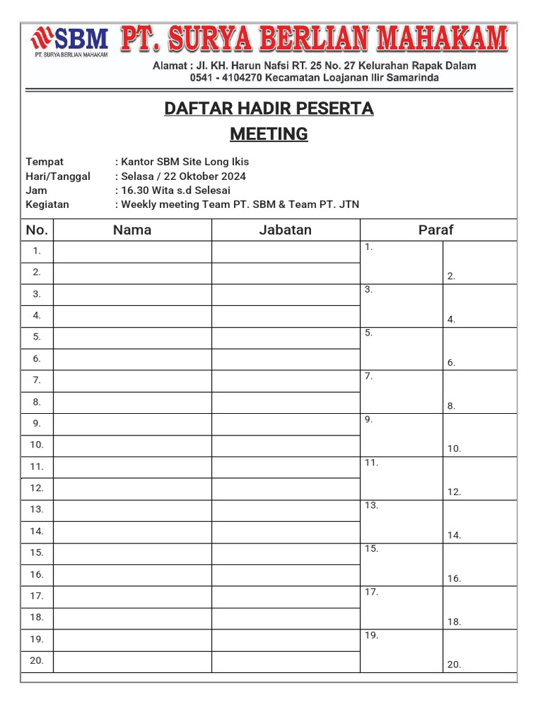 DAFTAR HADIR PESERTA MEETING WEEKLY | PDF